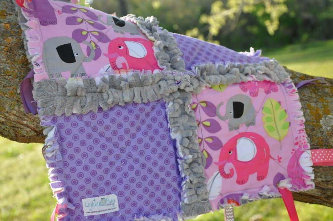 Elephant Baby Tag Blanket / Minky Blanket for Girls in Pink and Purple ...