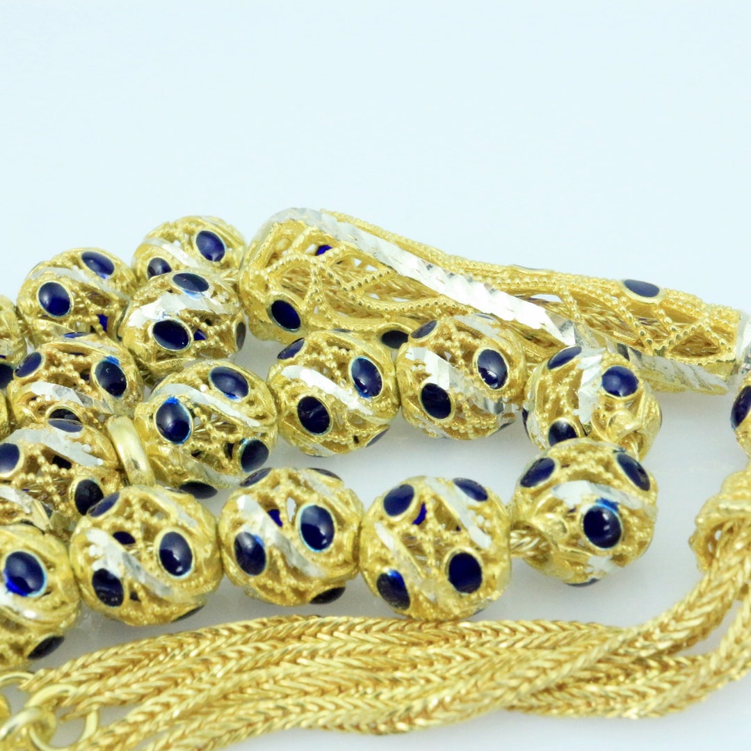 Sapphire Inlay 925 Sterling Gold Plated Silver 33 Islamic Prayer Beads ...