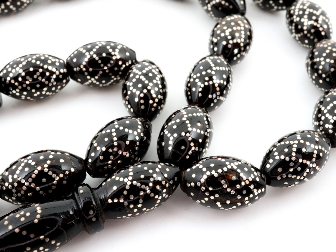 925 Silver Inlaid Yusuri, Yusr, Black Coral 33 Prayer Beads Misbaha ...