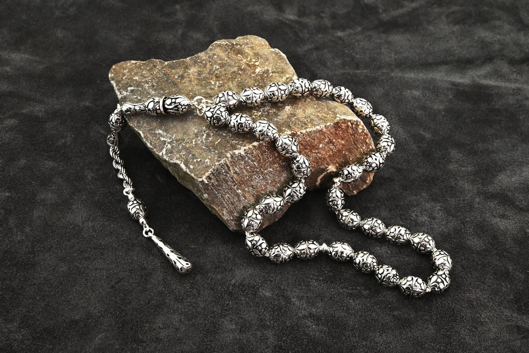 Carving 925 Sterling Silver 33 Beads Tasbih, Islamic Prayer Beads ...