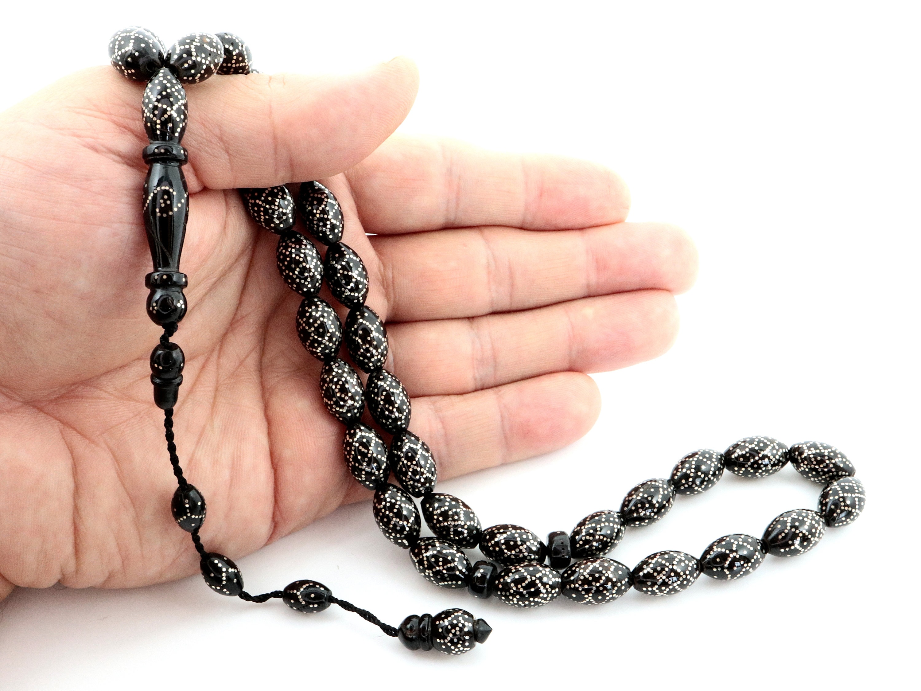 925 Silver Inlaid Yusuri, Yusr, Black Coral 33 Prayer Beads Misbaha ...