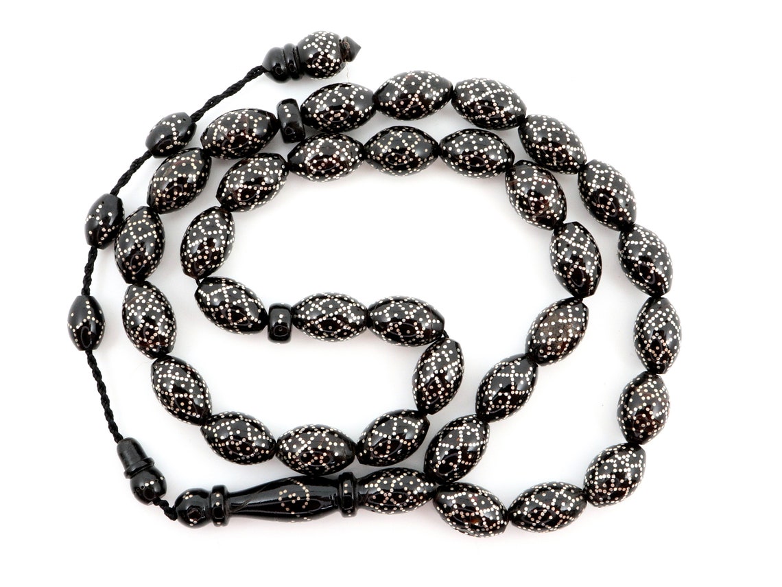 925 Silver Inlaid Yusuri, Yusr, Black Coral 33 Prayer Beads Misbaha ...