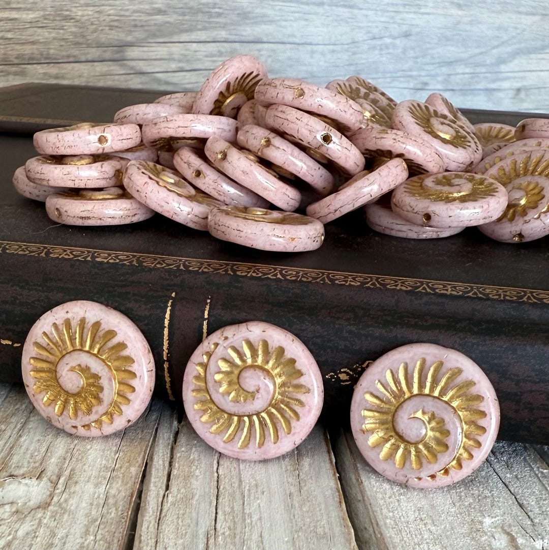 Light Pink With Golden Spiral Fossil Bead - 18mm Czech Glass Spiral ...