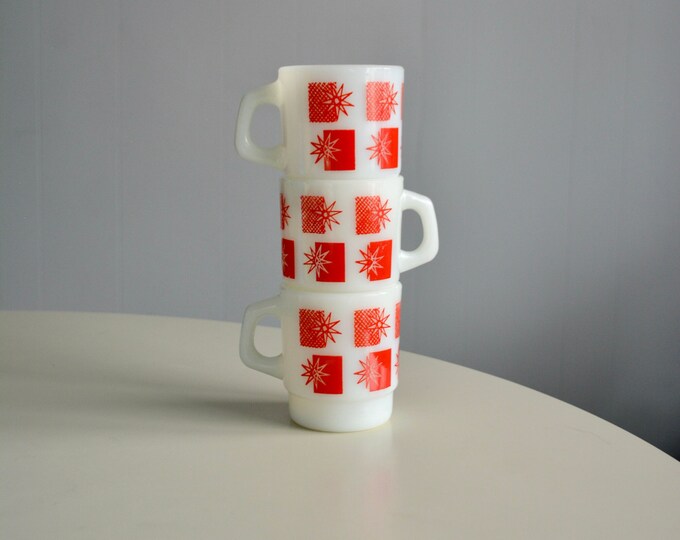 Vintage RARE Milk Glass Coffee Red Atomic Starburst Fire King Mugs ...