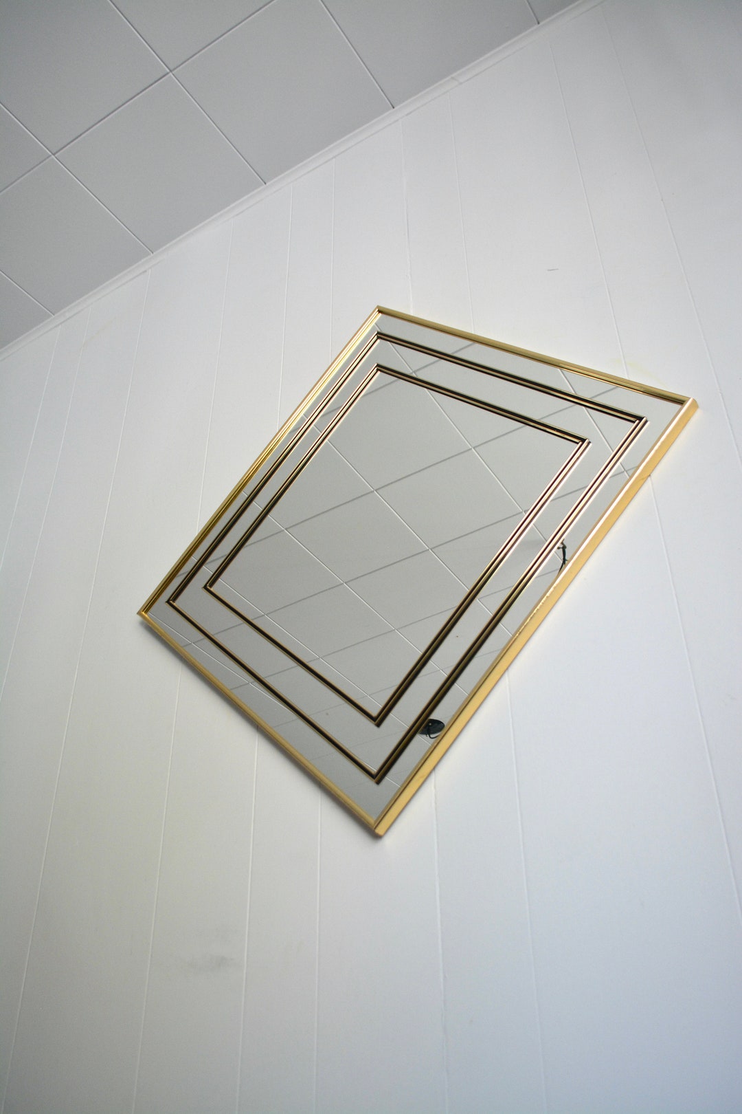 Vintage 70s 80s Retro Large Square Gold Framed Wall Mirror. Diamond ...