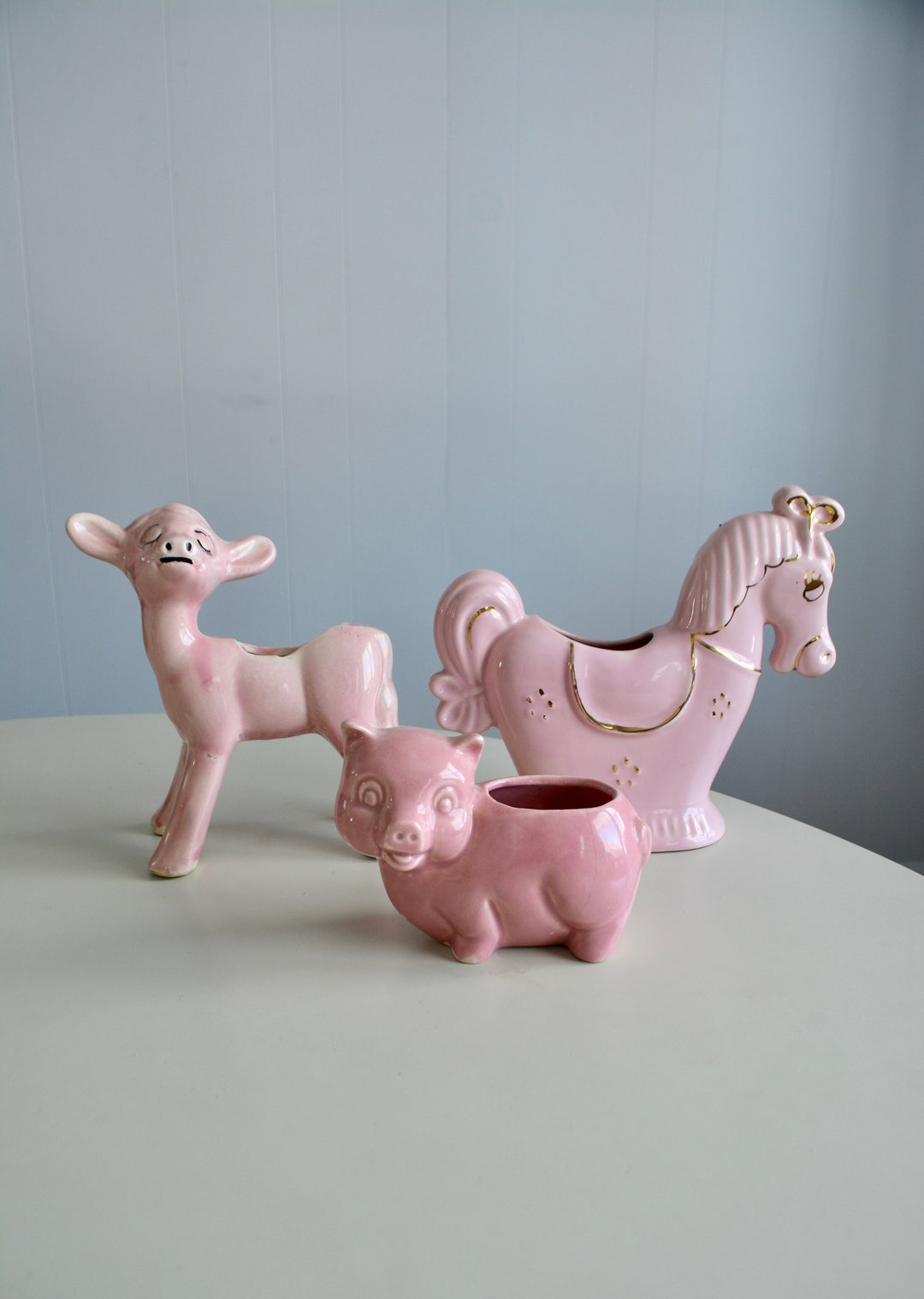 Vintage Mid Century Kitsch Pink Farm Animal Planter Set. Retro Cute ...