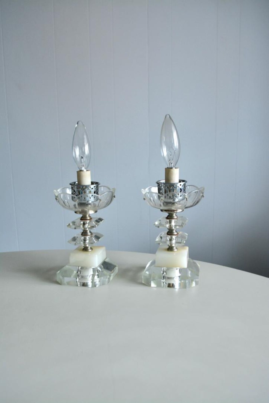Vintage Small Crystal Glass Lamp Set With Marble Base. Antique Diamond ...