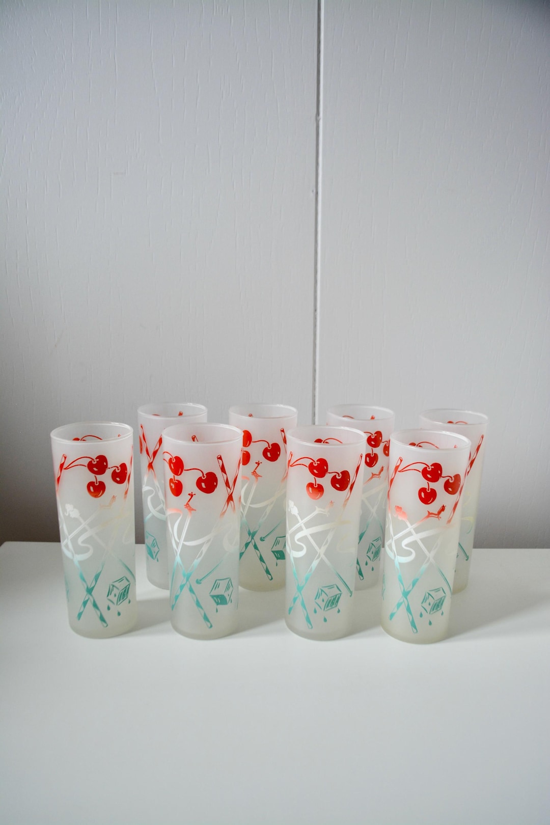 Vintage Large Set of 8 Tall Frosted Tom Collins 16 Oz Cherry Festive ...