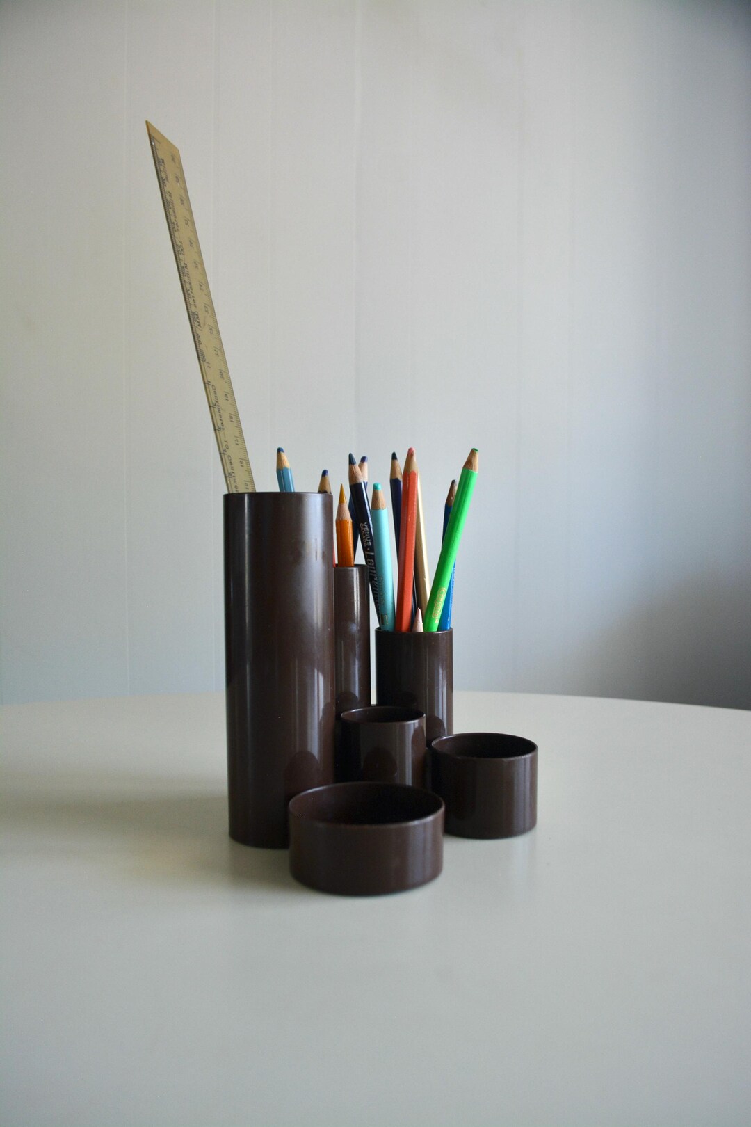 Vintage 70s Office Desk Brown Tubes Plastic Organizer. Tubular Cylinder ...
