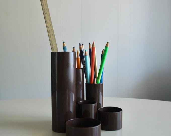 Vintage 70s Office Desk Brown Tubes Plastic Organizer. Tubular Cylinder ...