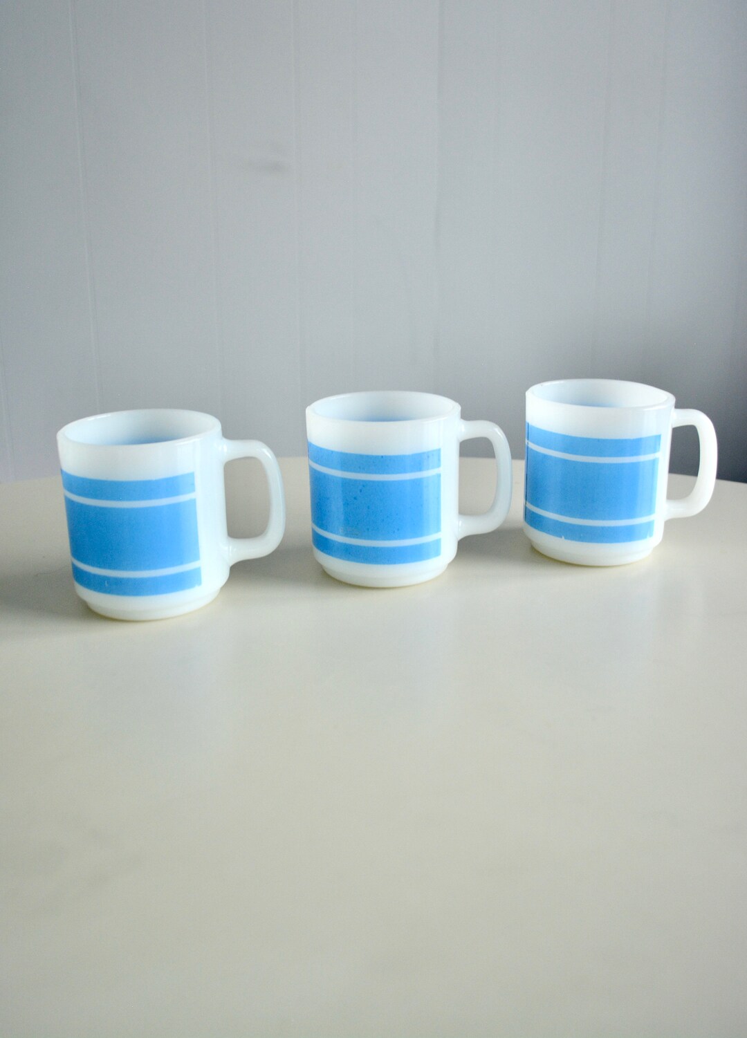 Vintage Glasbake Milk Glass Blue Stripes Coffee Mugs. Retro Glass ...