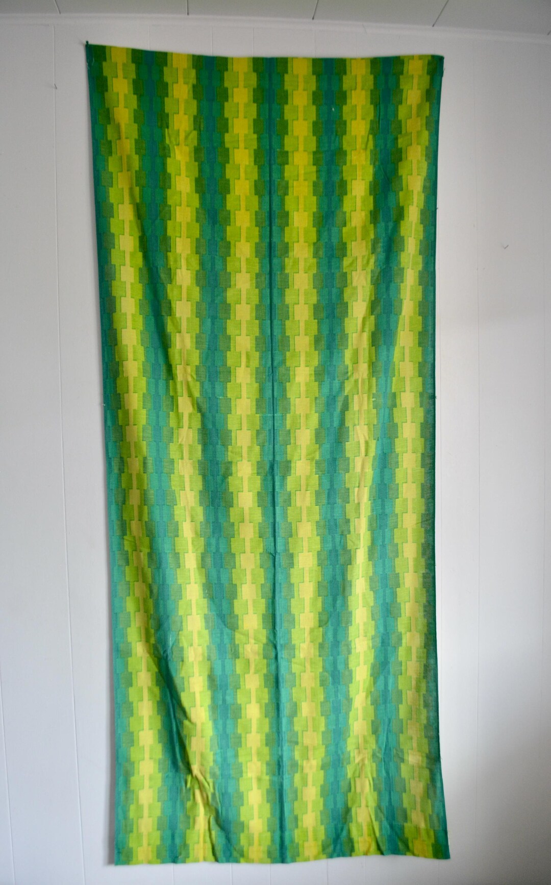 Vintage Mid Century Retro Long Green Fabric Set of 3 Curtains. 60s 70s ...