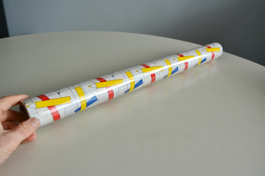 Vintage NOS 1980s Wrapping Paper Roll Colouring Pencils Grid Pattern ...