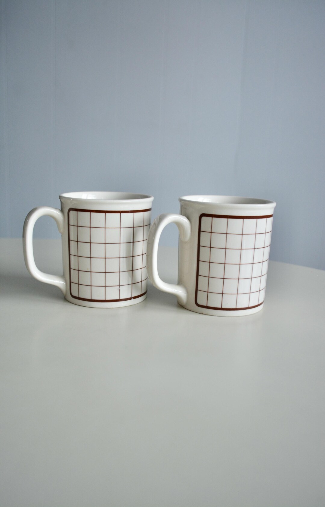 Vintage 80s Manoir Korea Ceramic Mug. White & Brown Grid Graphic ...