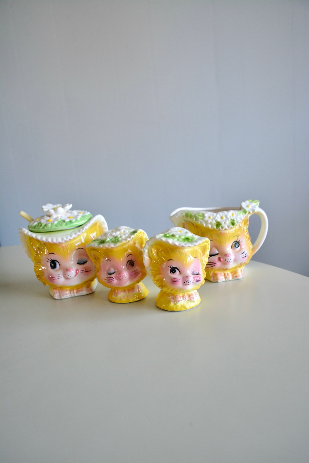 Vintage Mid Century Enesco Winking Cat Miss Priss Creamer Sugar ...