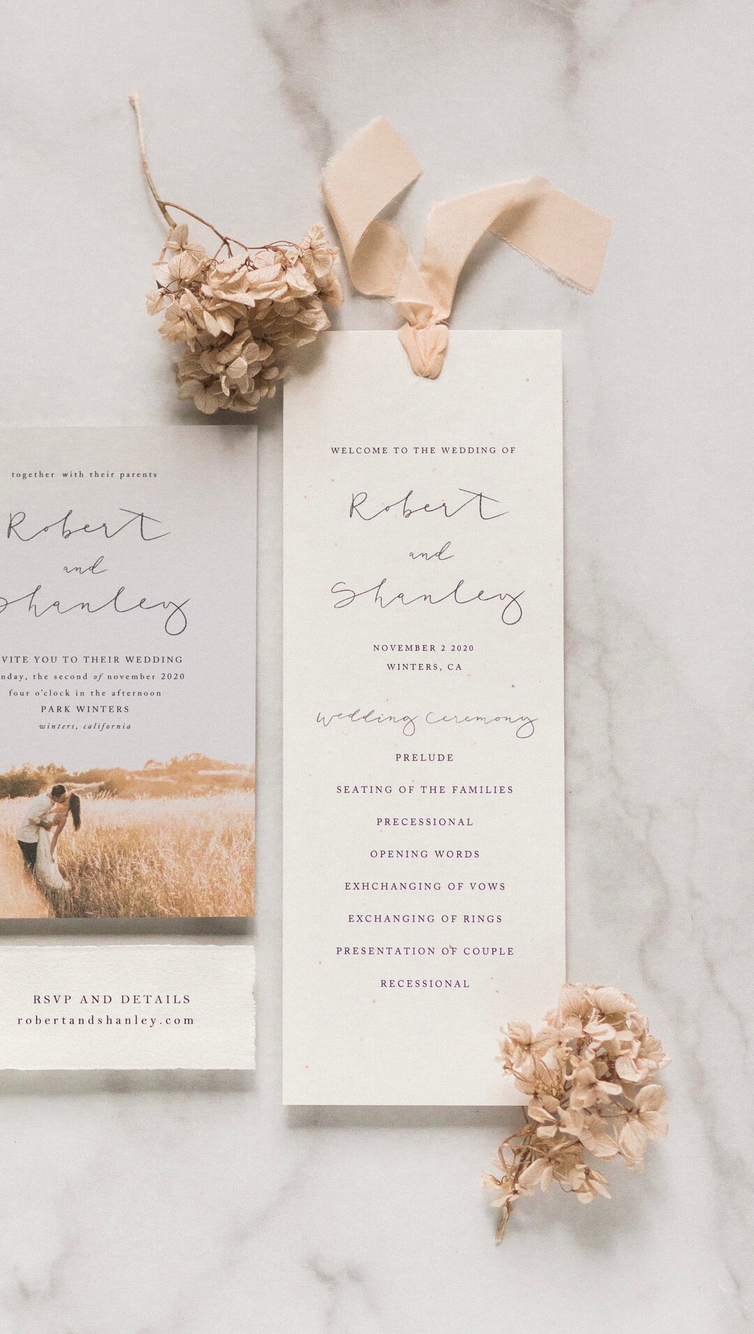 Ceremony Card With Ribbon (wedding / Rehearsal Dinner/ Reception Menu ...