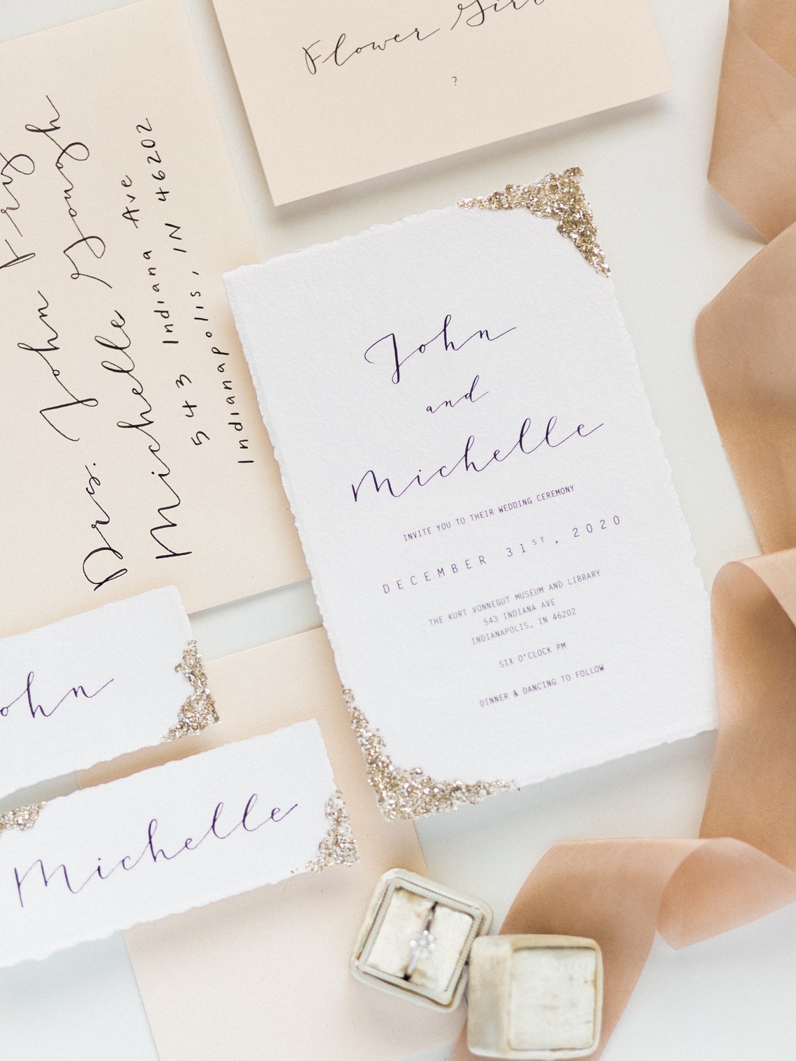 Silver Pearl Texture Flakes Wedding Invitations, Sample Invite Suite ...