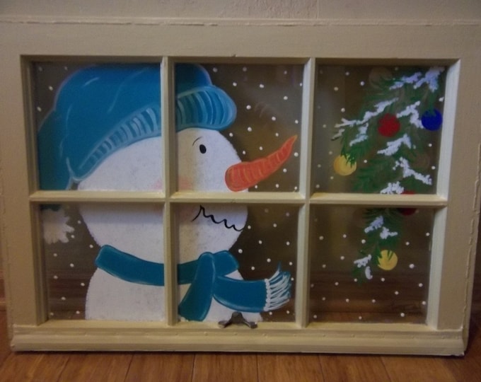 Winter Snowman Christmas Painted Painting on Vintage Window - Etsy