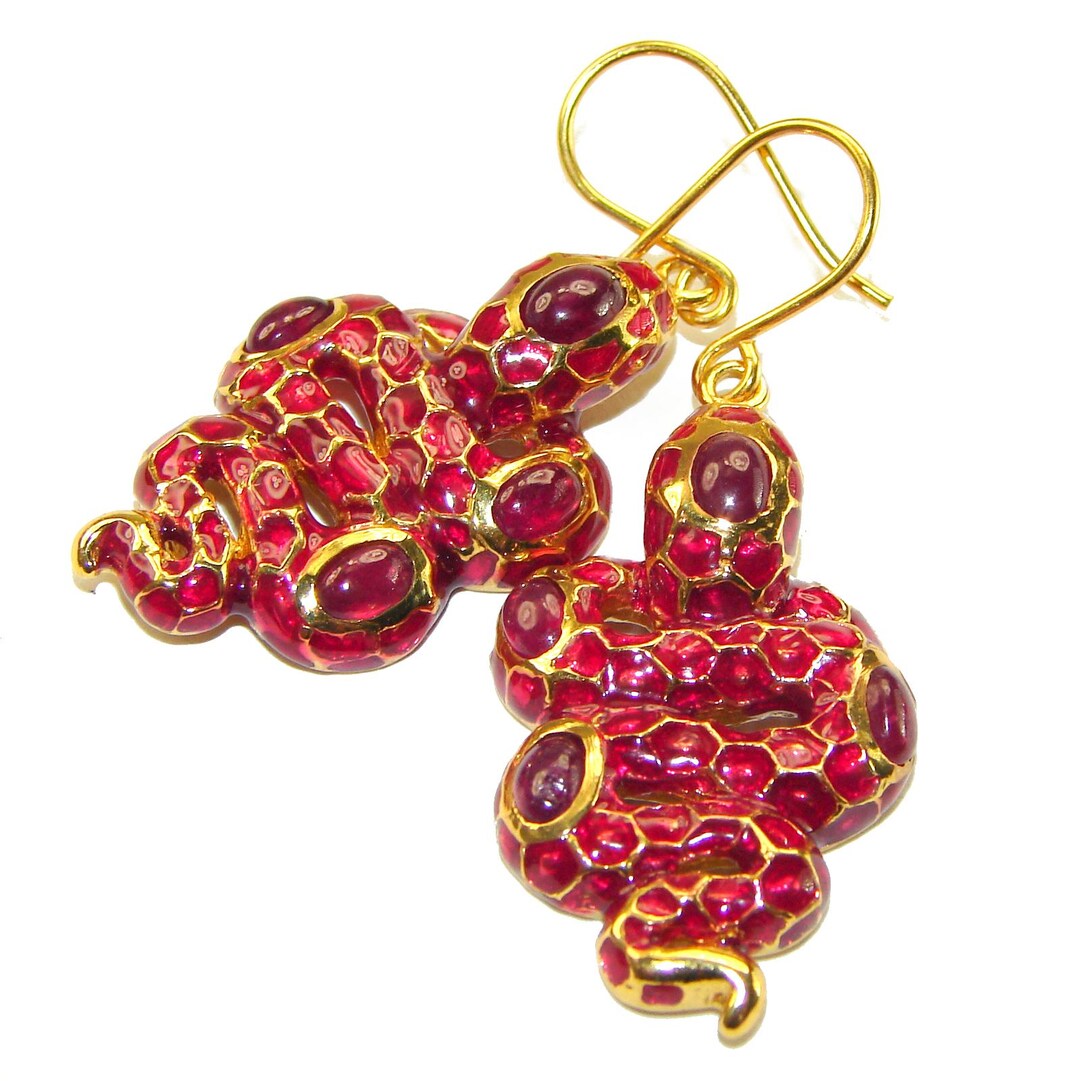 Red Cobra Snake Ruby Earrings 18K Gold Over 925 Sterling Silver Unique ...