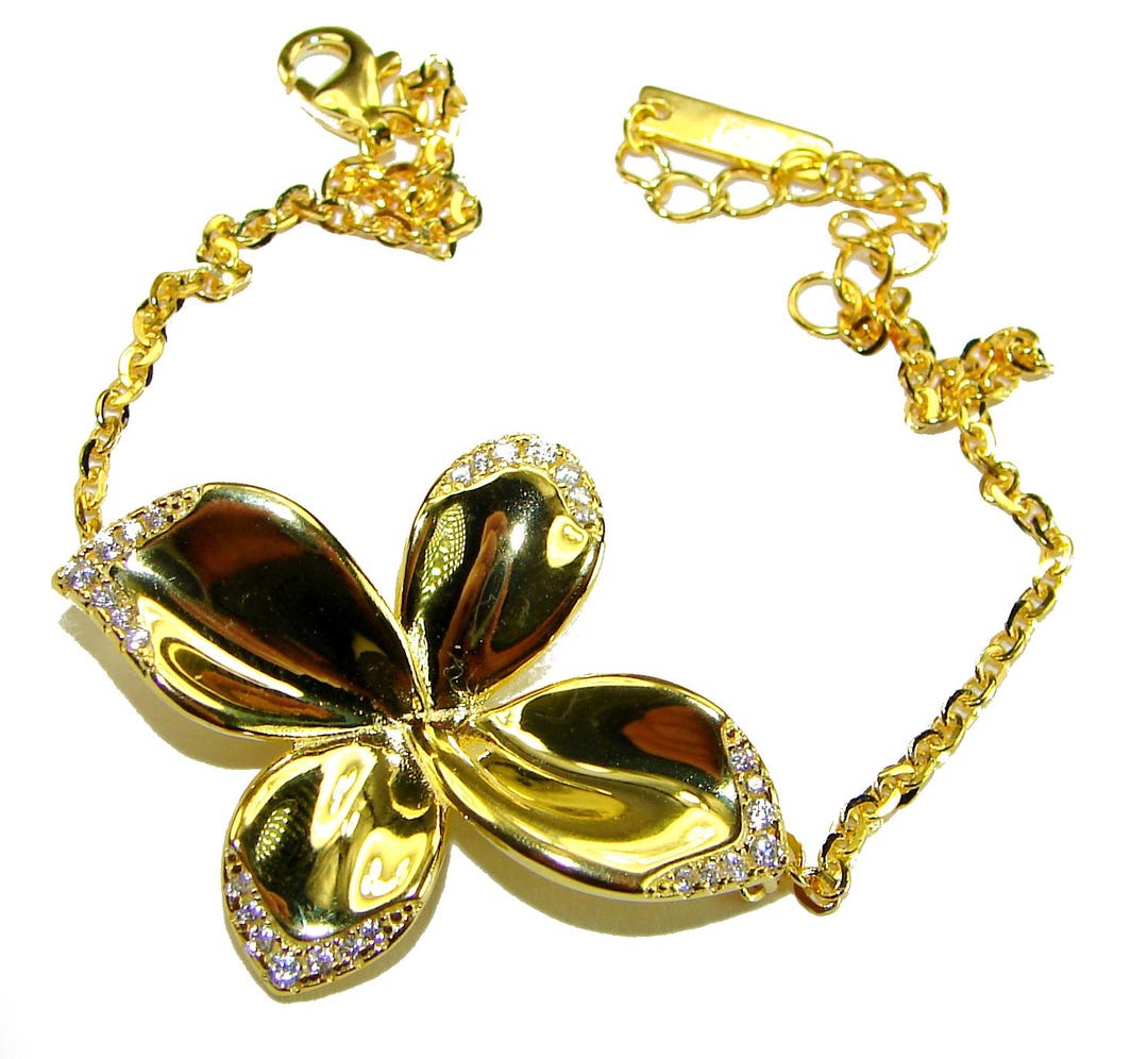 Lotus Flower White Topaz Bracelet 18K Gold Over 925 Sterling Silver ...