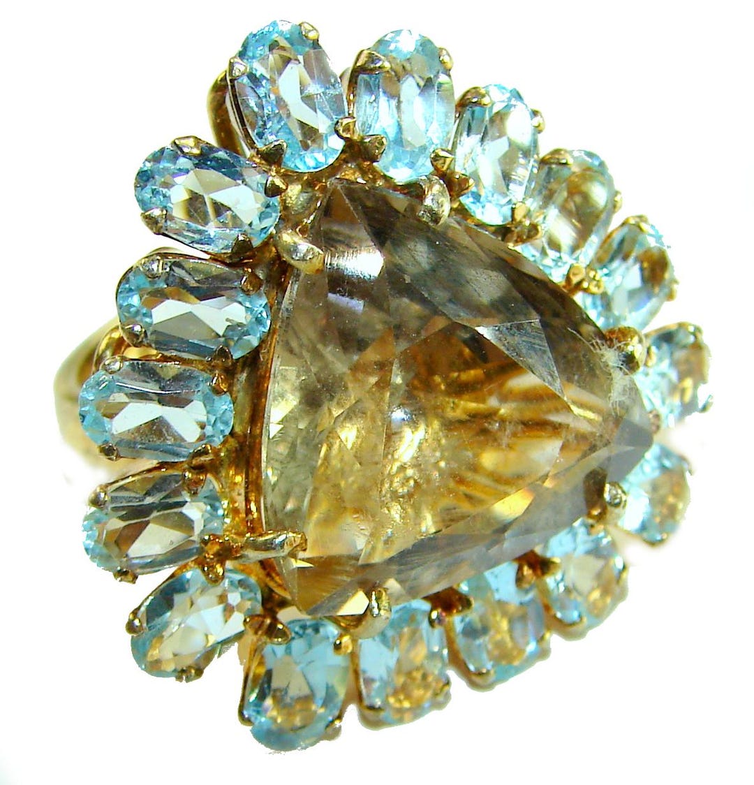 HUGE Champagne Topaz Ring 14K Gold Over 925 Silver Pear Cut Size 7 1/4 ...