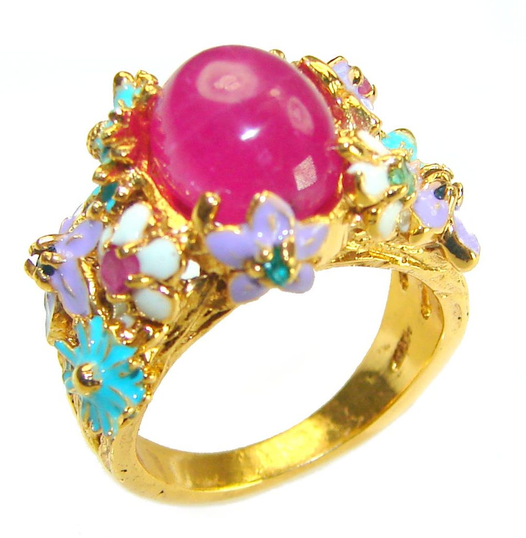 Enchanted Ruby Garden Ring 6.3ct With Turquoise Enamel 18K Gold Over ...