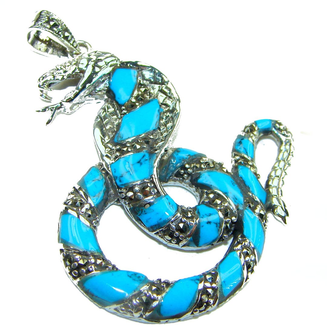 Blue Cobra Snake Turquoise Inlay Pendant - Sterling Silver Handmade ...