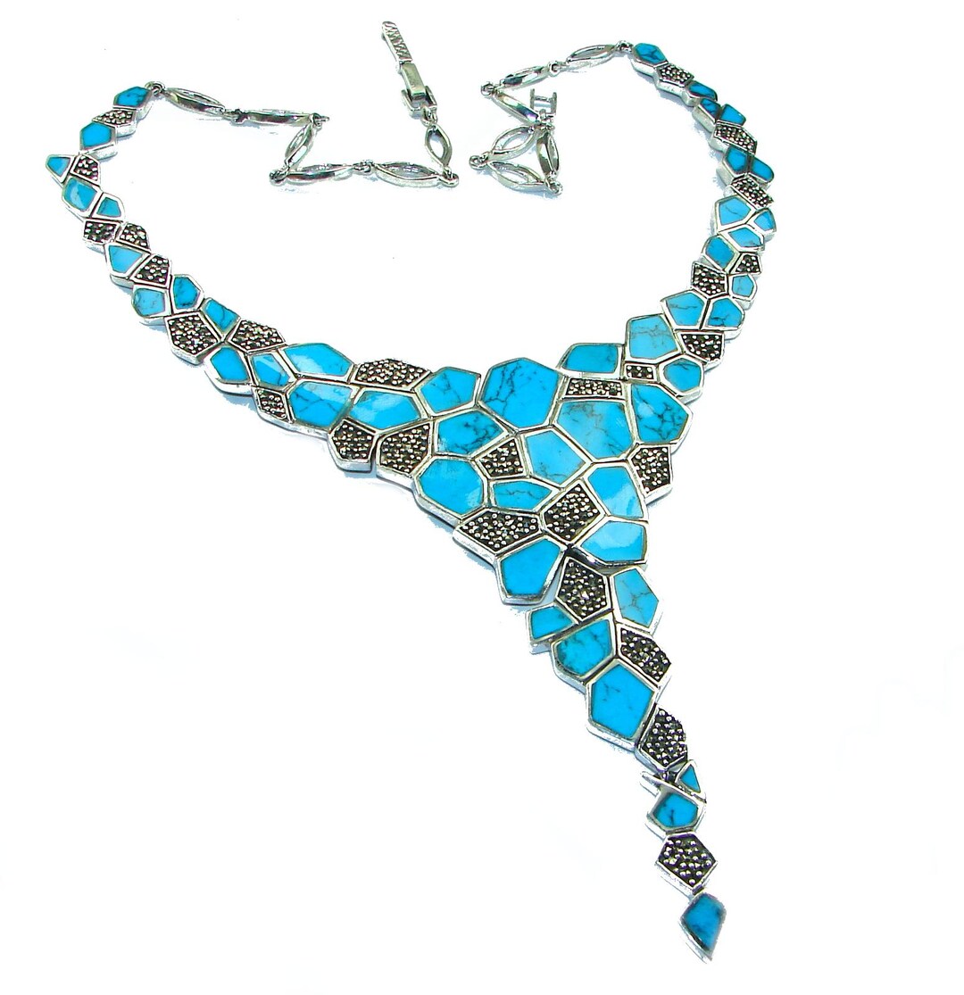 Genuine Inlay Turquoise Marcasite .925 Sterling Silver Handmade ...