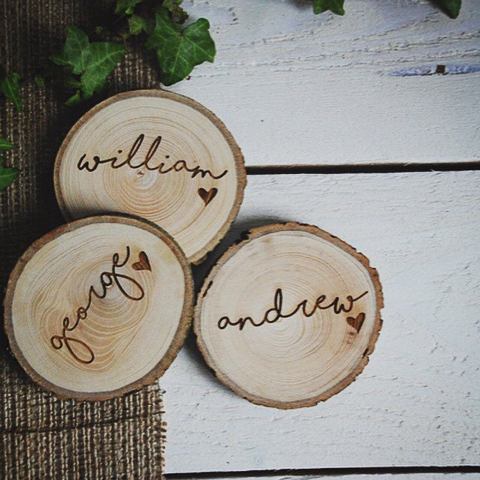Rustic Wooden Wedding Favours - Engraved Wood Slice Name Place Setting ...