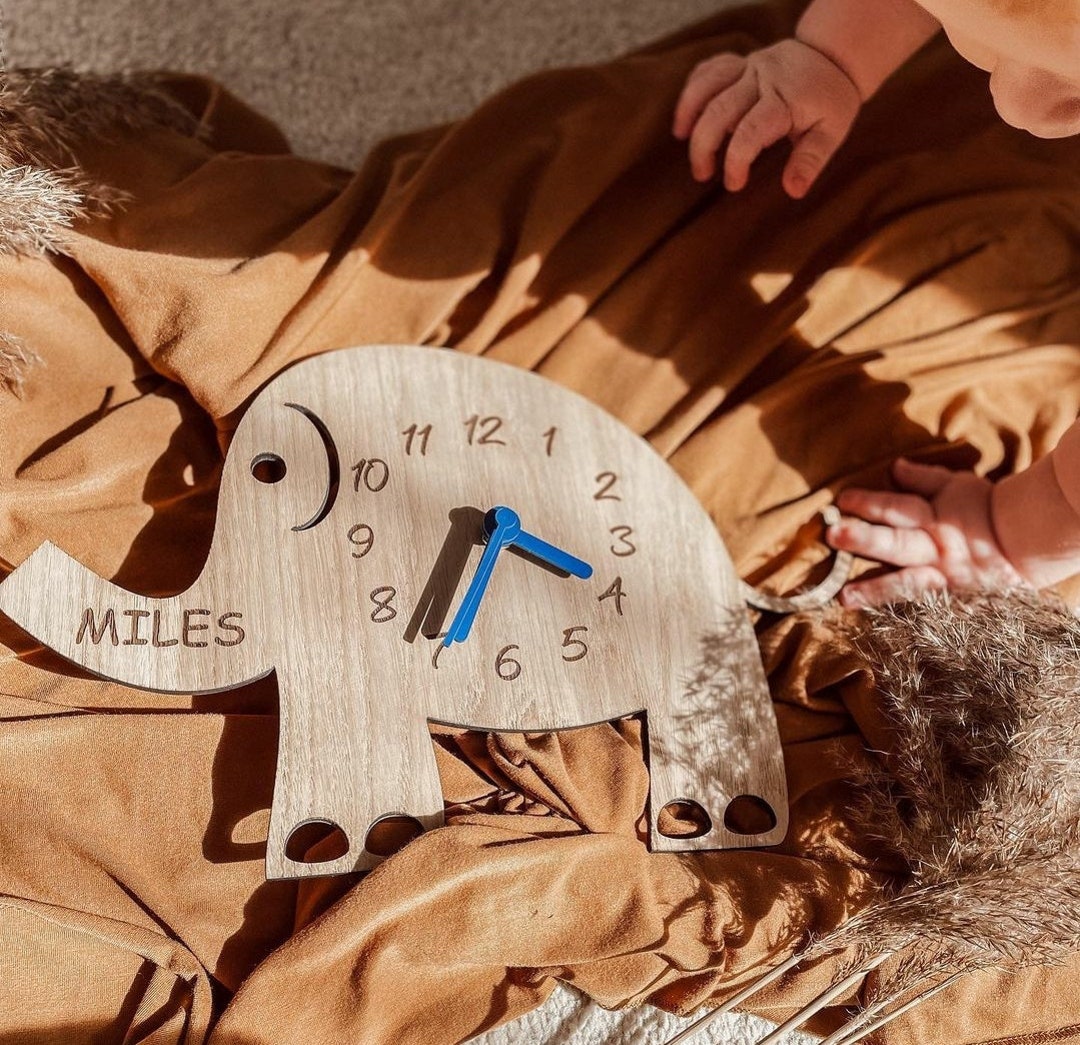 Personalised Wooden Elephant Clock Animals Children's Bedroom Nursery ...