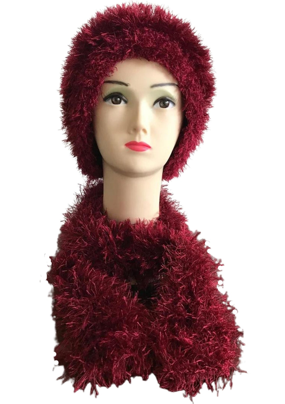 Red Hat & Scarf Set, Soft Beanie and Furry Stole, 1940s Vintage Look ...