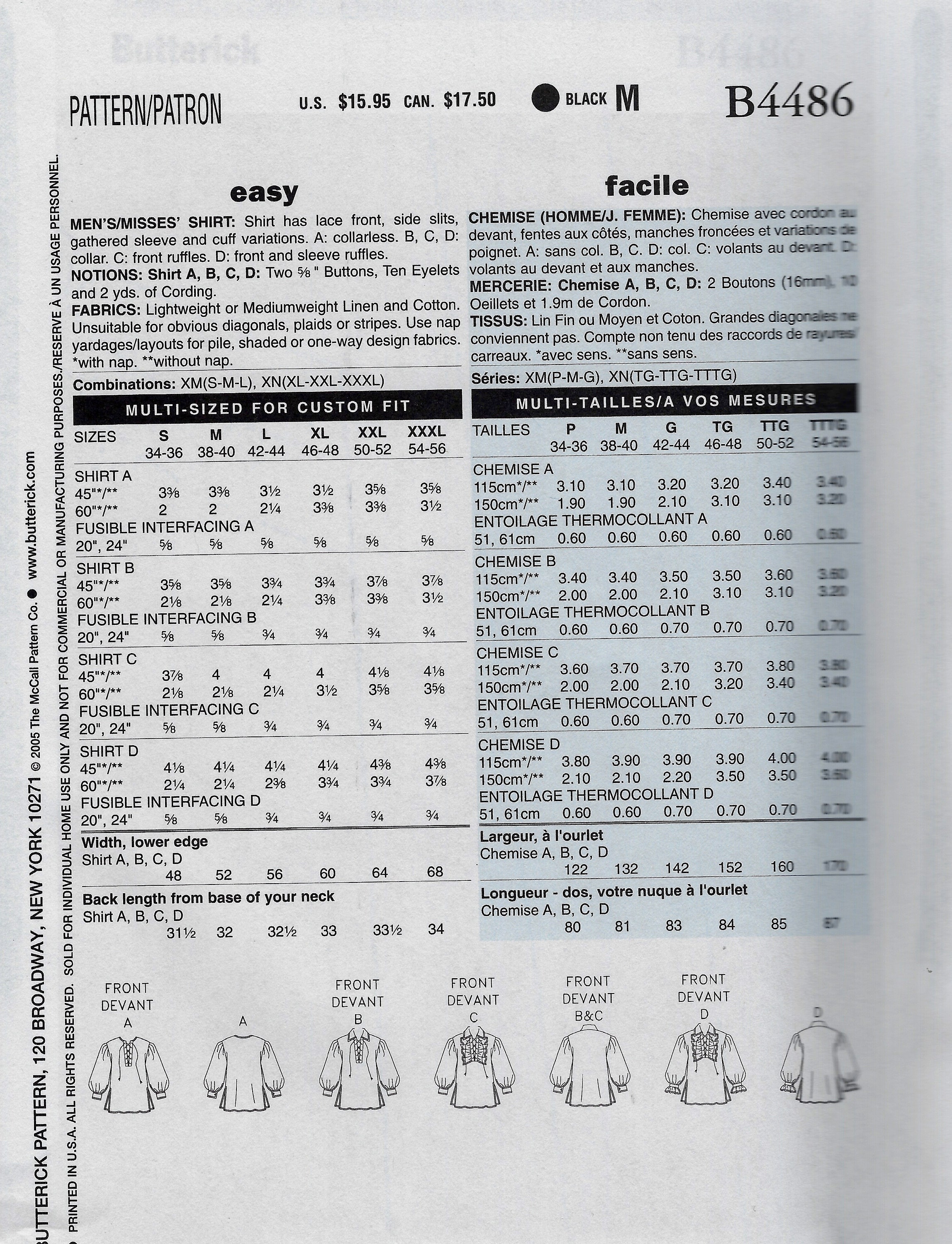 Renaissance Shirt Butterick 4486 Uncut Pattern - Etsy