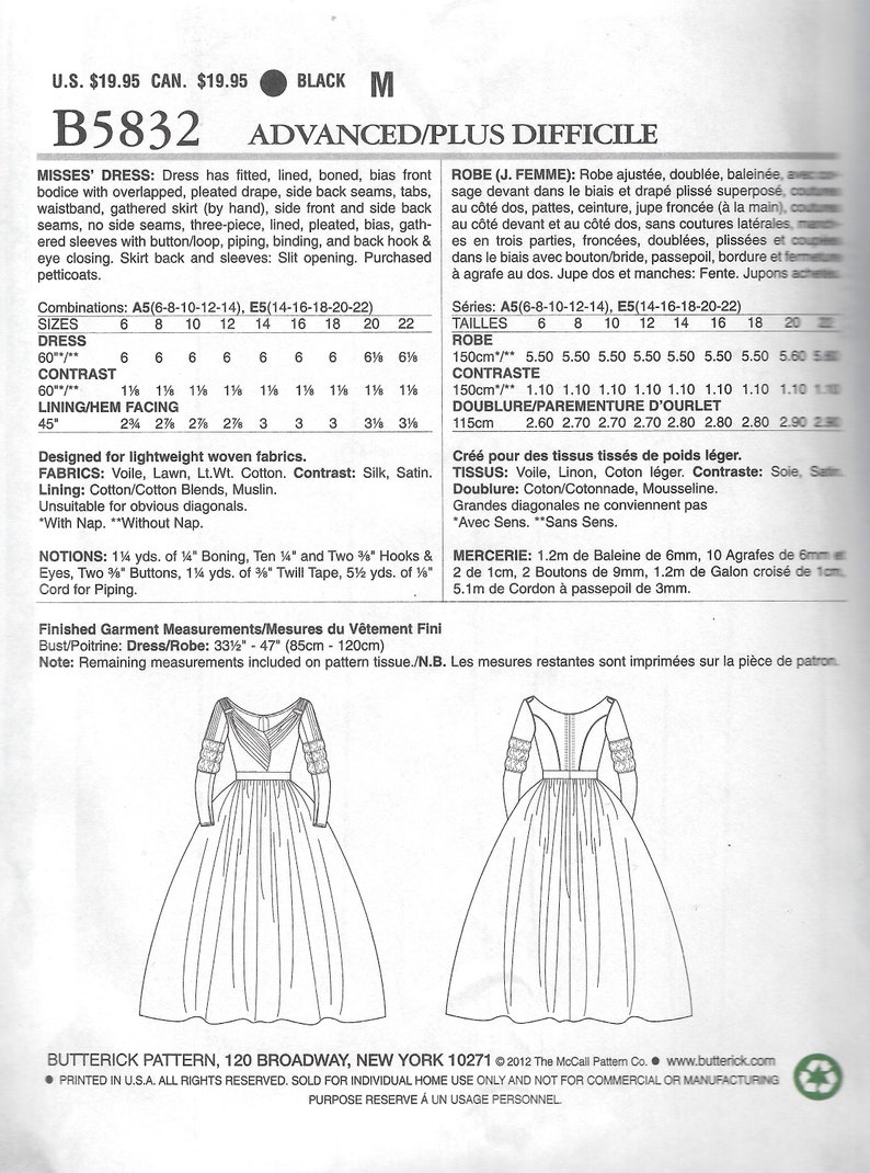 Historical Dress, Butterick 5832 Uncut Pattern - Etsy