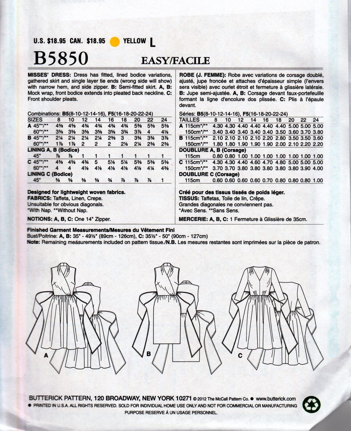 Dress With Sash Butterick 5850 Uncut Pattern - Etsy