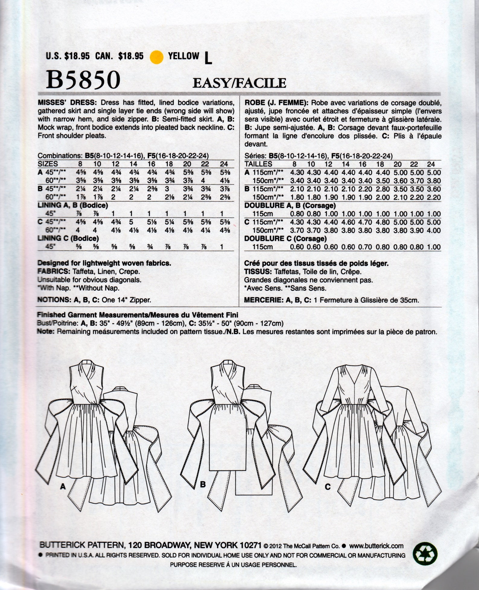 Dress With Sash Butterick 5850 Uncut Pattern - Etsy