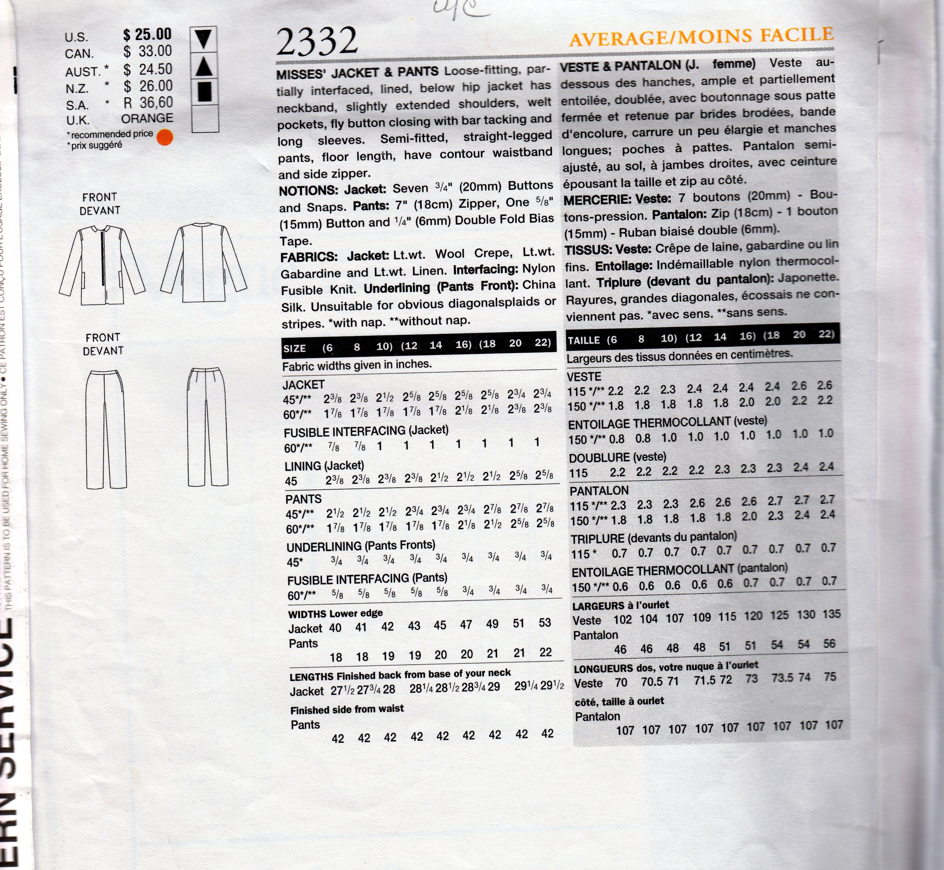 Chaqueta y pantalones de Calvin Klein Vogue 2332 Patrón sin cortar ...