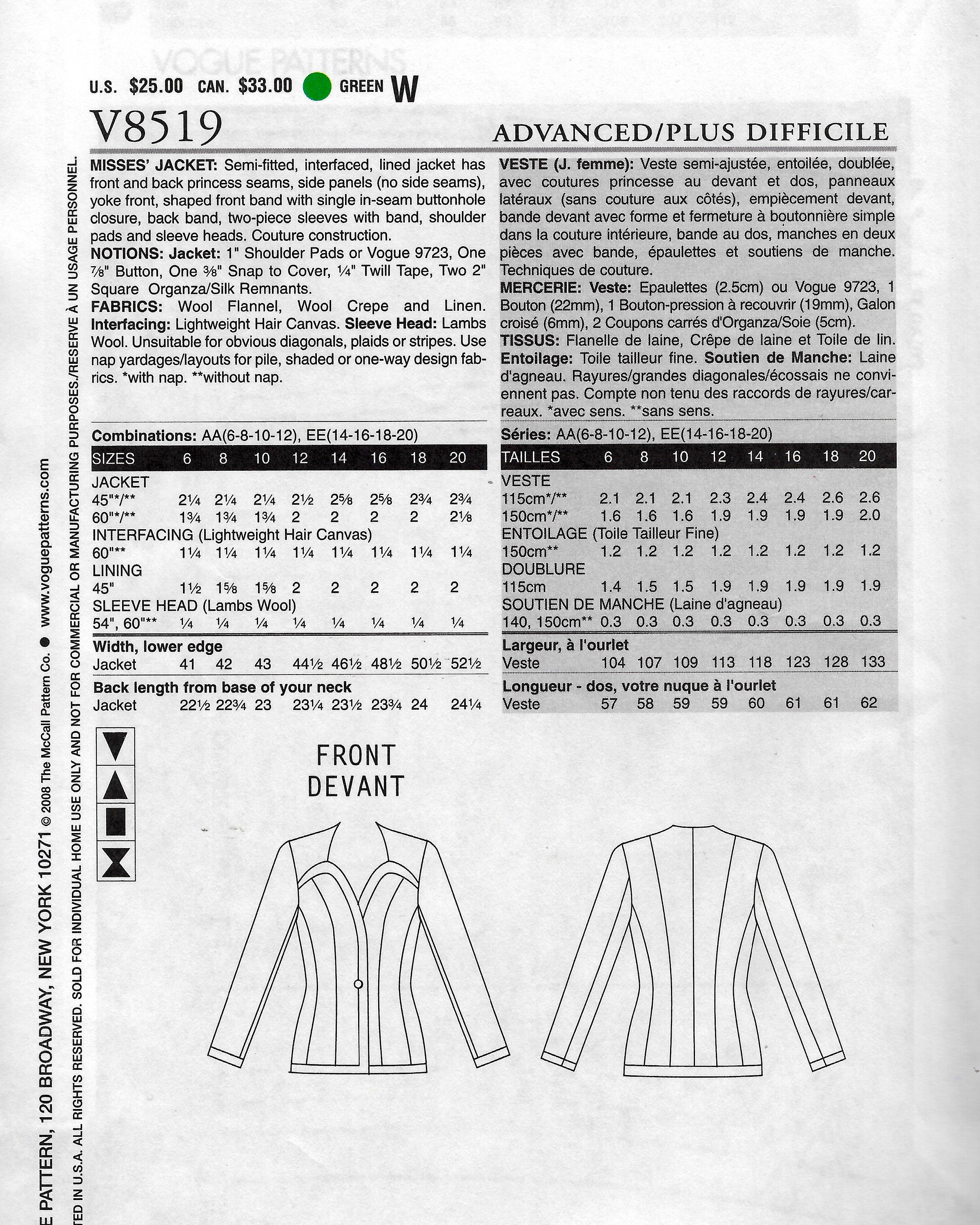 Jacket by Claire Shaeffer Vogue 8519 Uncut Pattern - Etsy