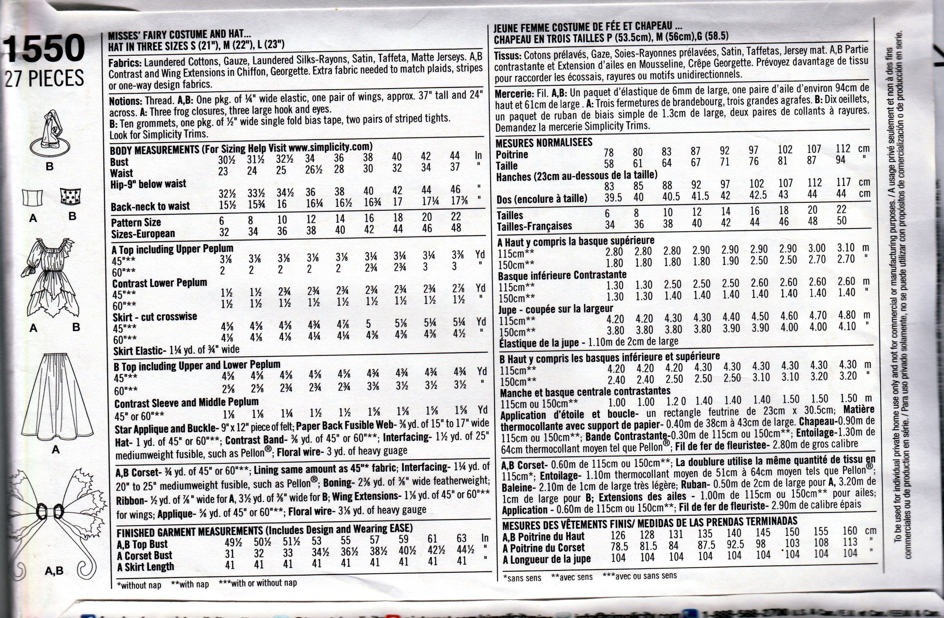 Fantasy Costumes and Hat by Amy Brown - Simplicity 1550 - Uncut Pattern ...