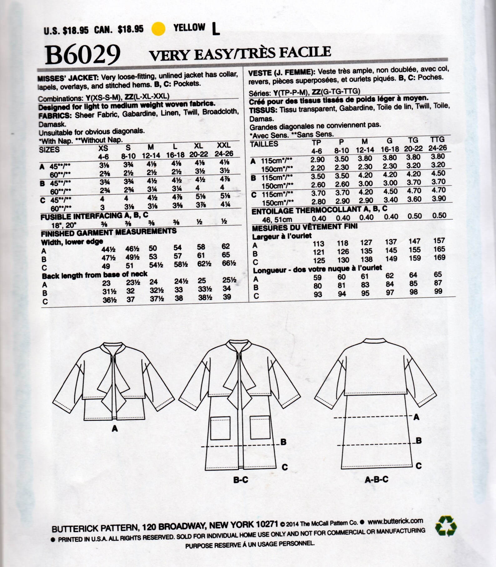 Coat and Jackets With Overlays - Butterick 6029 - Uncut Pattern - Etsy