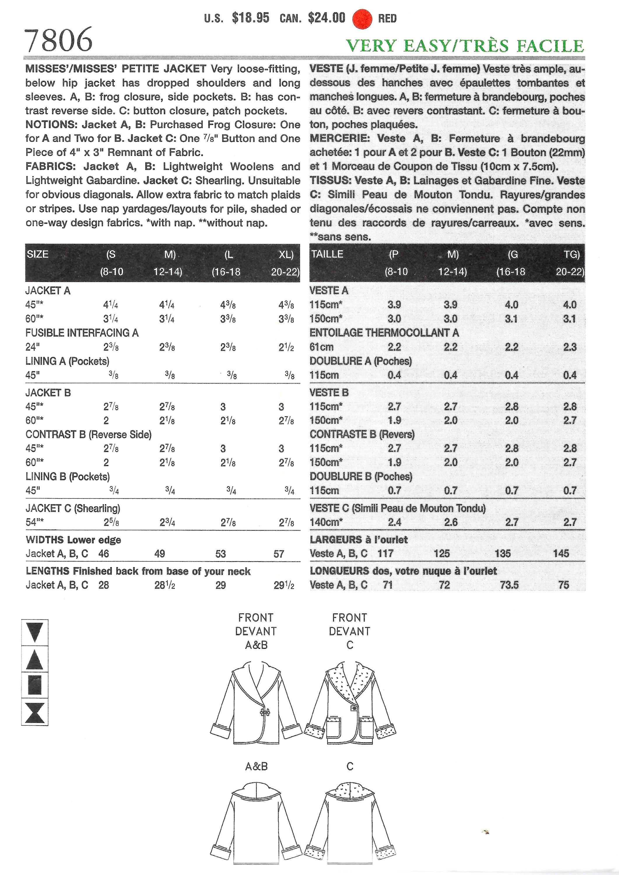 Jacket, Shawl Collar - Vogue 7806 - Uncut Sewing Pattern - Etsy