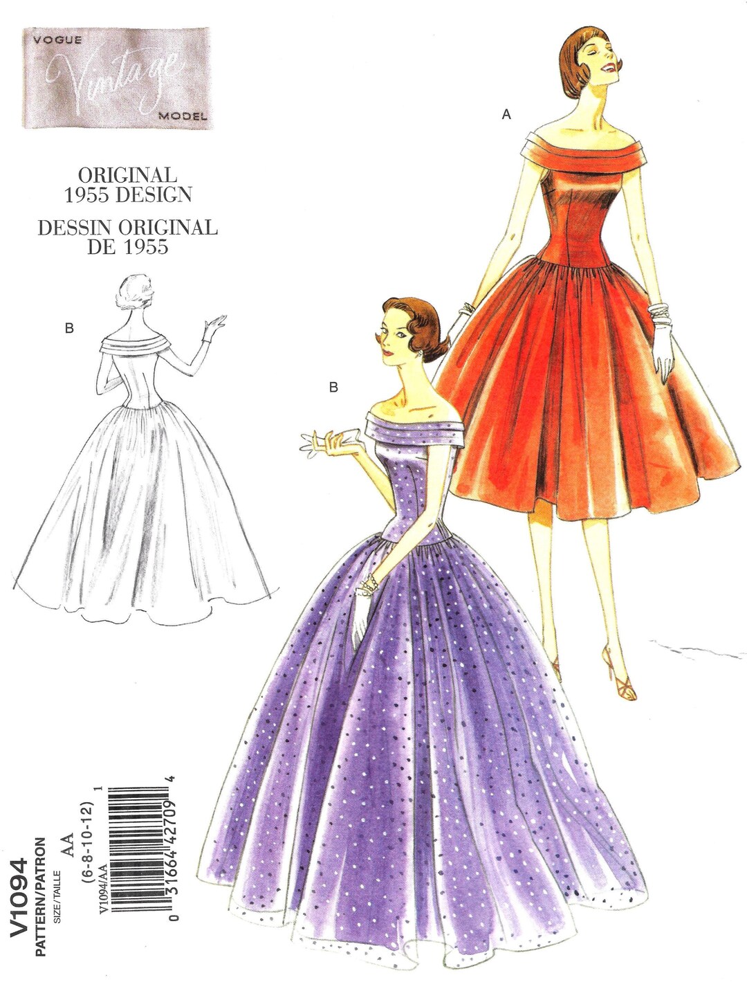 Retro 1955 Dress & Gown - Vintage Vogue 1094 - Uncut Sewing Pattern - Etsy
