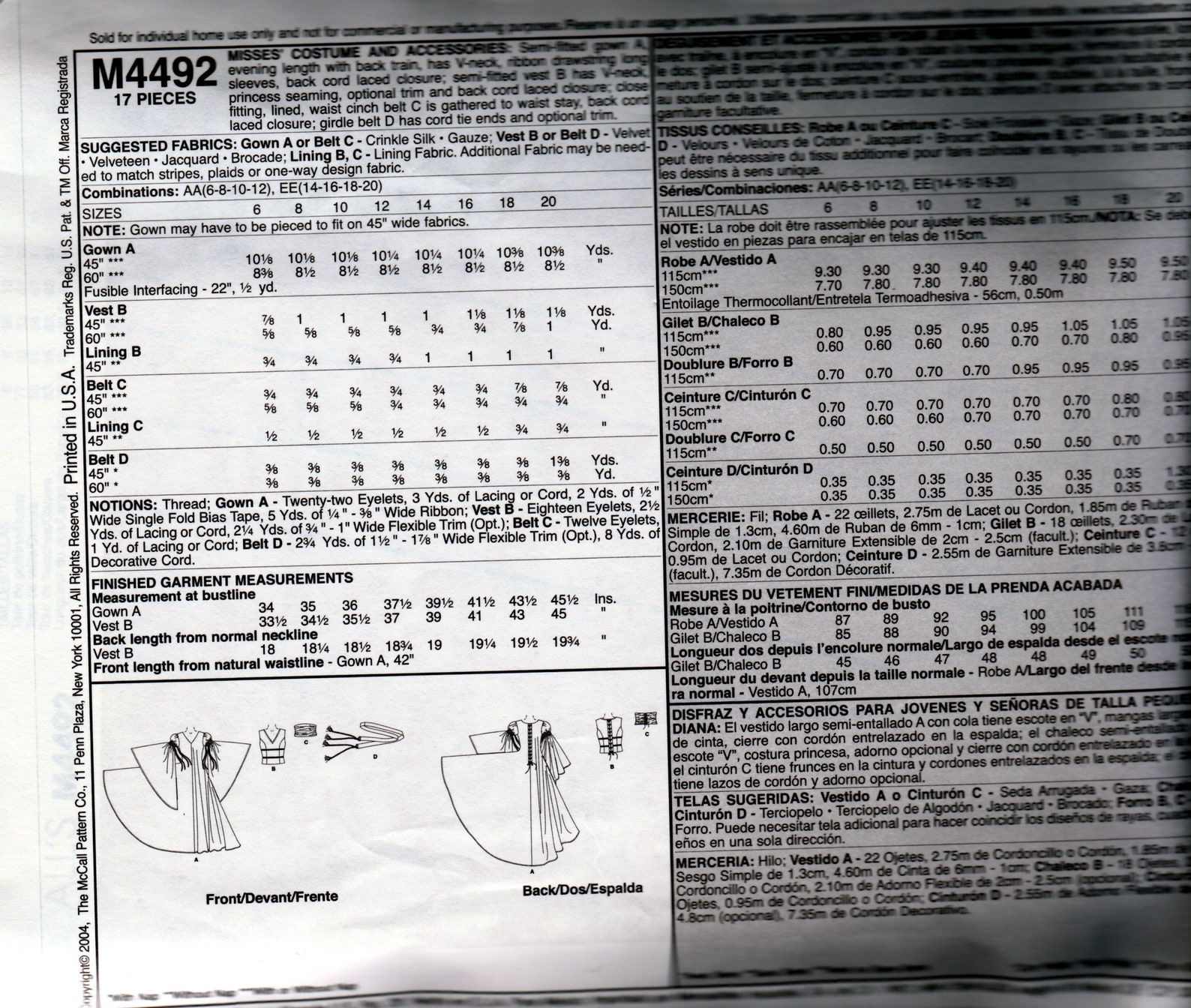 Renaissance Costume Mccall's 4492 Uncut Pattern | Etsy