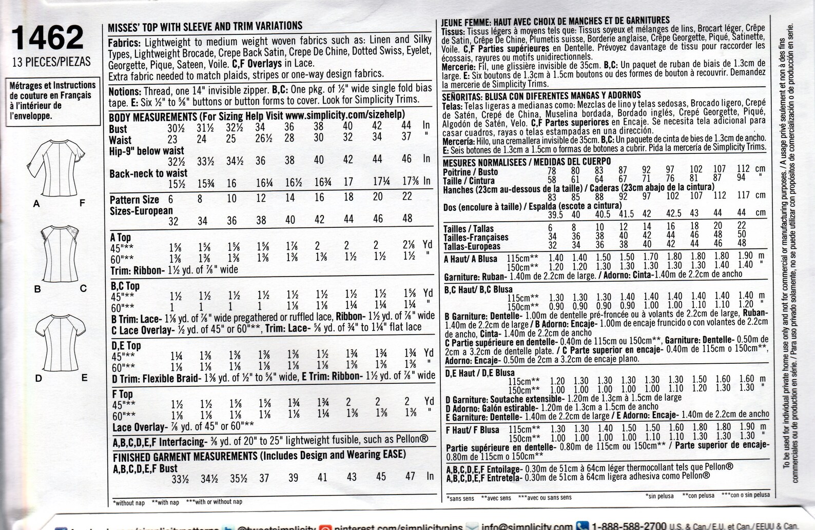 Tops Set Simplicity 1462 Uncut Pattern - Etsy Canada