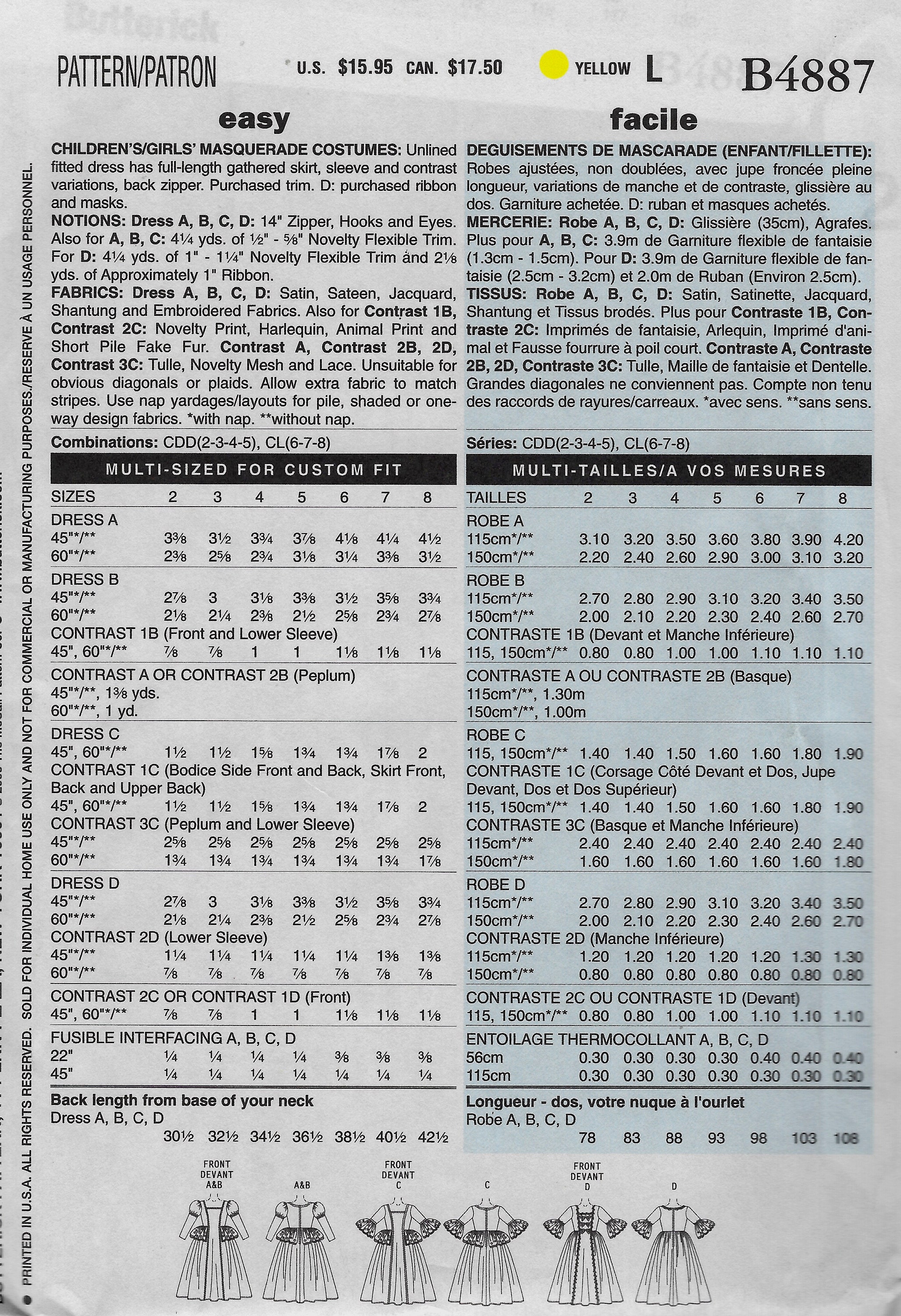 Masquerade Costumes Butterick 4887 Uncut Sewing Pattern - Etsy