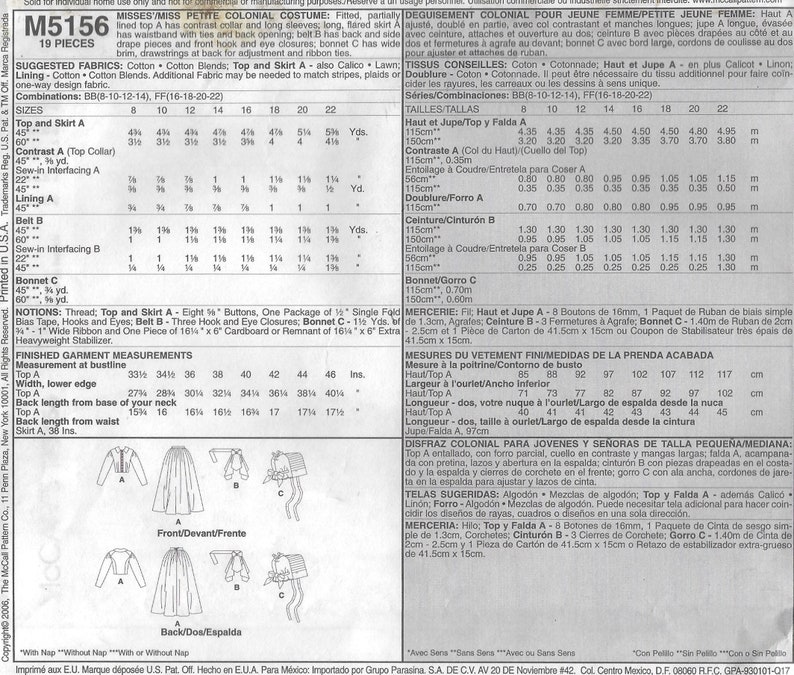 Colonial Costume Mccall's 5156 Uncut Sewing Pattern - Etsy