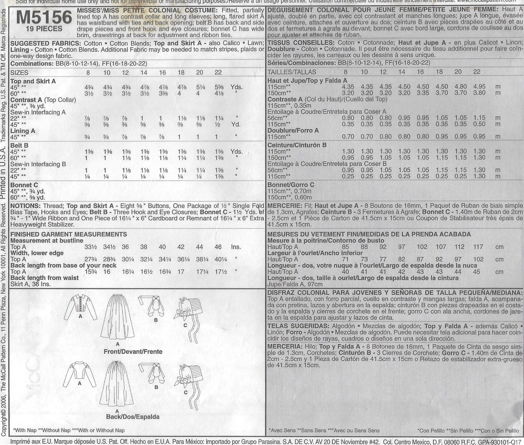 Colonial Costume Mccall's 5156 Uncut Sewing Pattern - Etsy