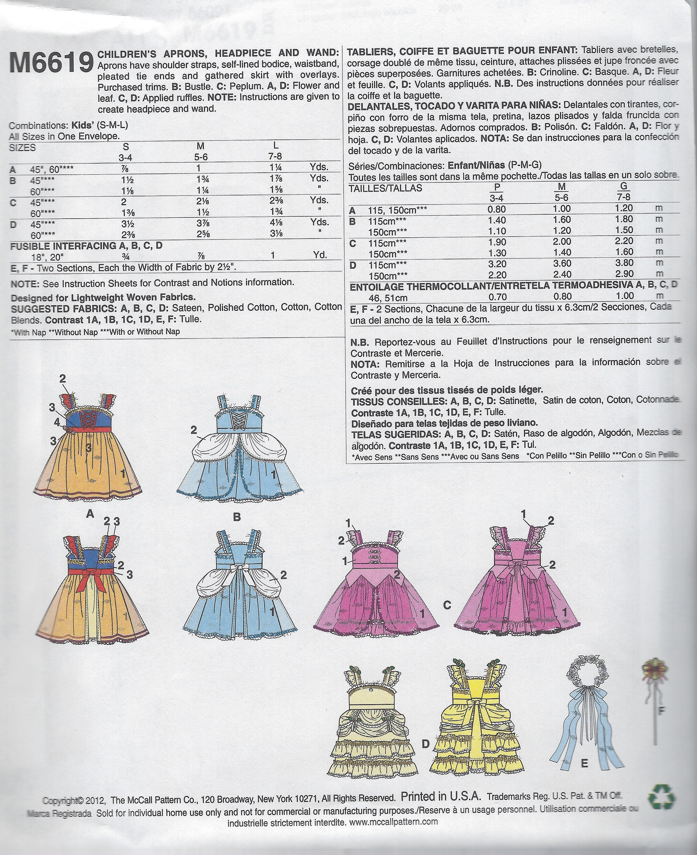Disney Princess Apron Costumes Mccall's 6619 Uncut Sewing Pattern - Etsy