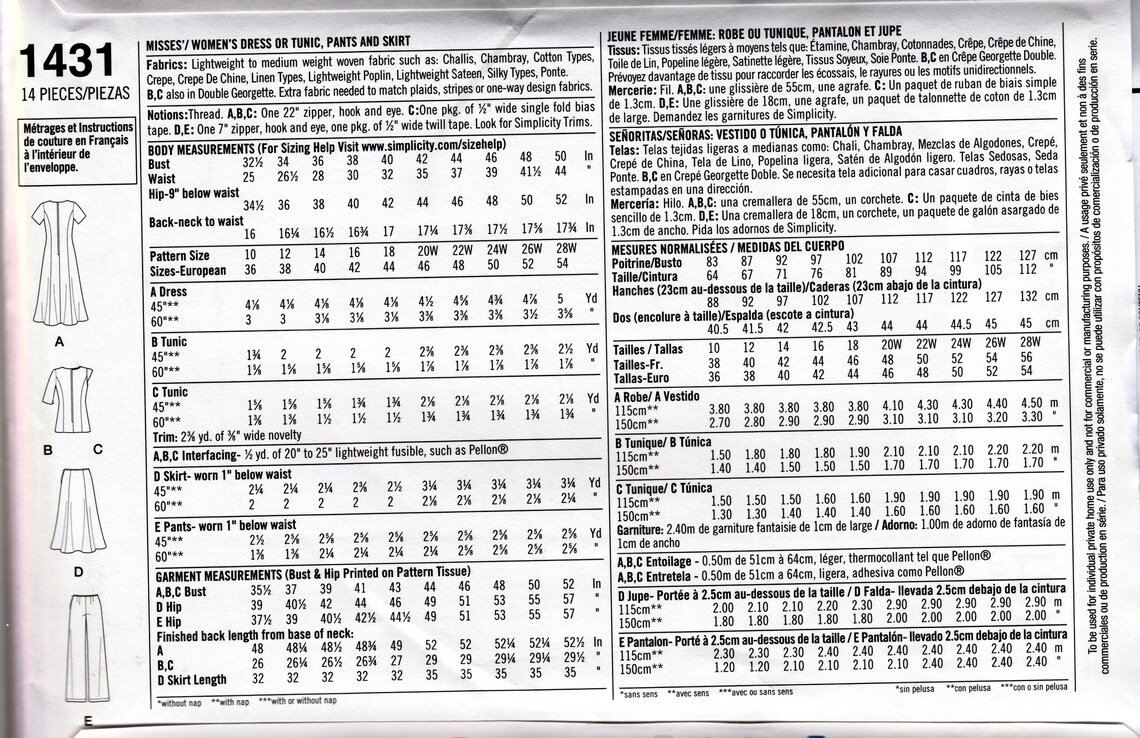 Dress, Tunic, Pants & Skirt simplicity 1431 Uncut Pattern - Etsy