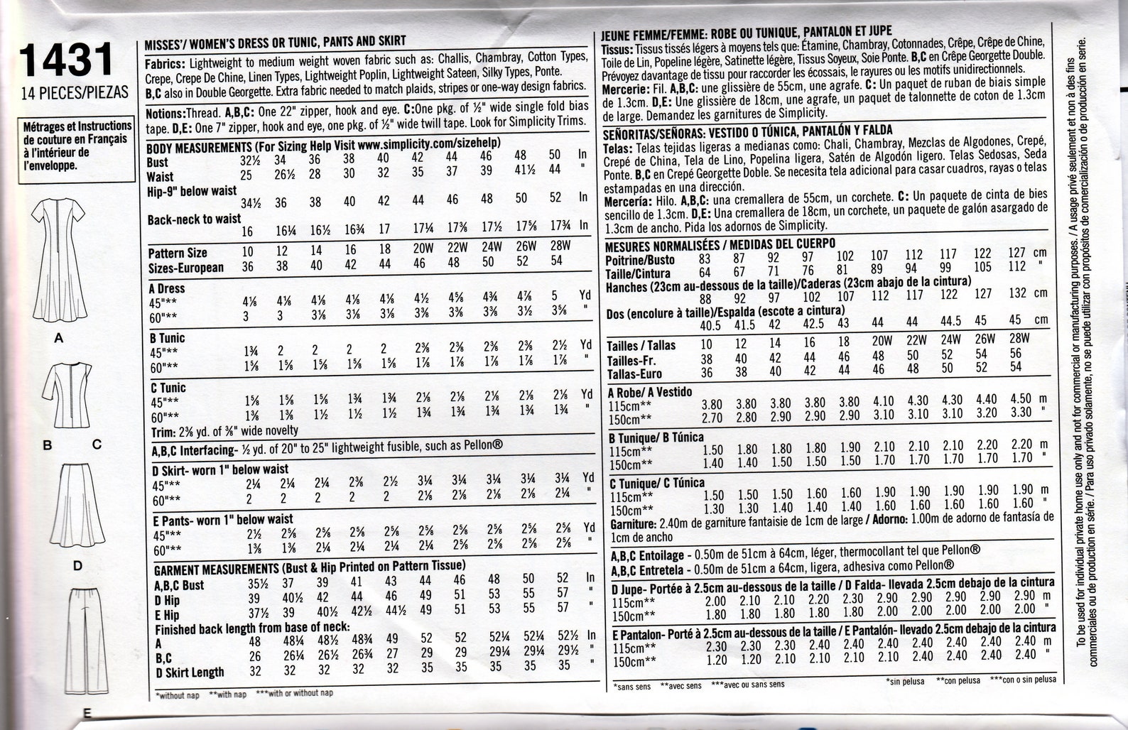 Dress, Tunic, Pants & Skirt -simplicity 1431 - Uncut Pattern - Etsy