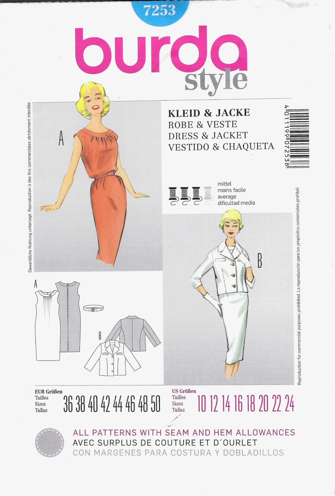 Retro Dress, Jacket & Belt - Burda 7253 - Uncut Sewing Pattern - Etsy